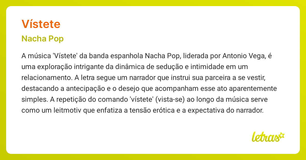 Significado da música VÍSTETE (Nacha Pop) - LETRAS.MUS.BR