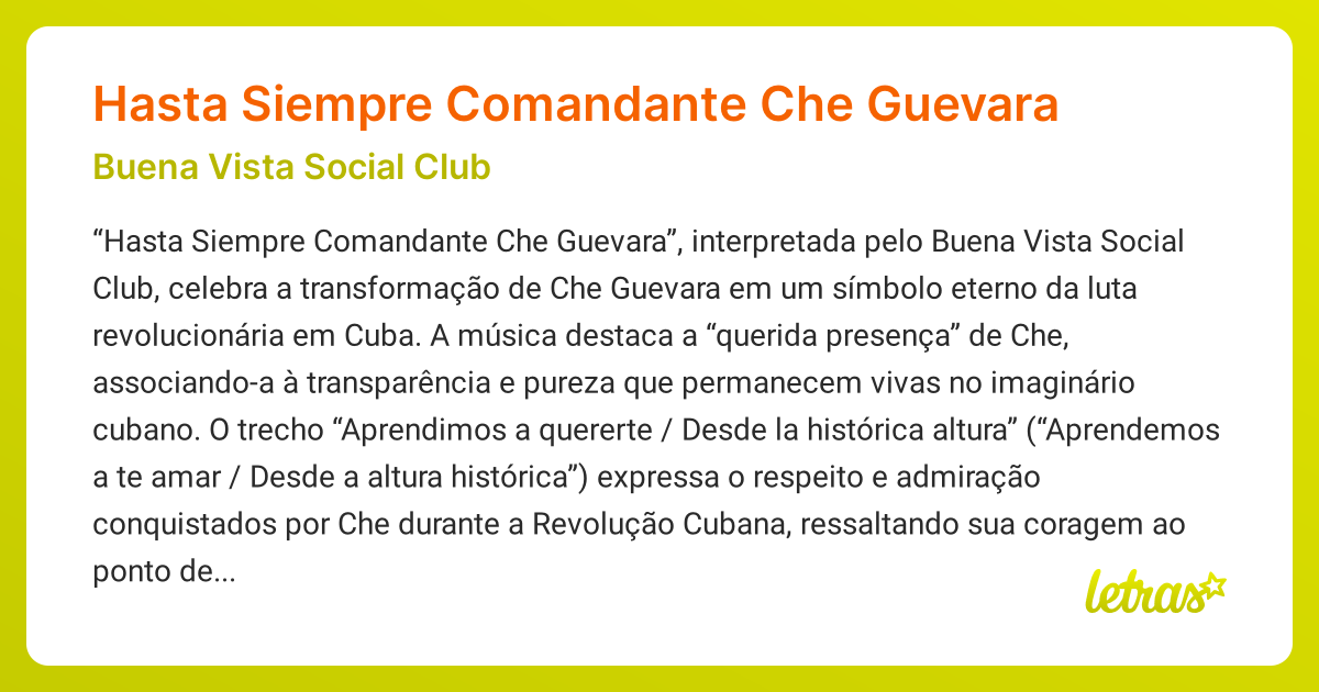 Significado da música Hasta Siempre Comandante Che Guevara (Buena Vista ...