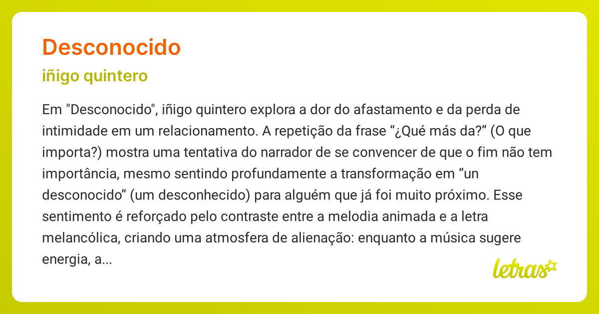 Significado da música DESCONOCIDO (iñigo quintero) - LETRAS.MUS.BR