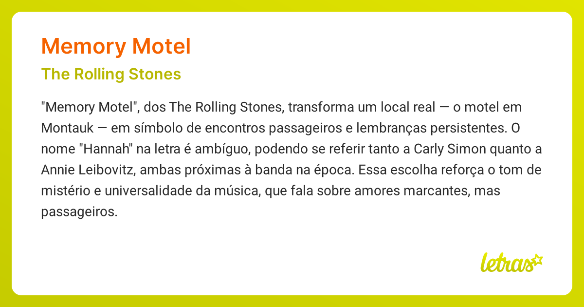 Significado da música MEMORY MOTEL (The Rolling Stones) - LETRAS.MUS.BR