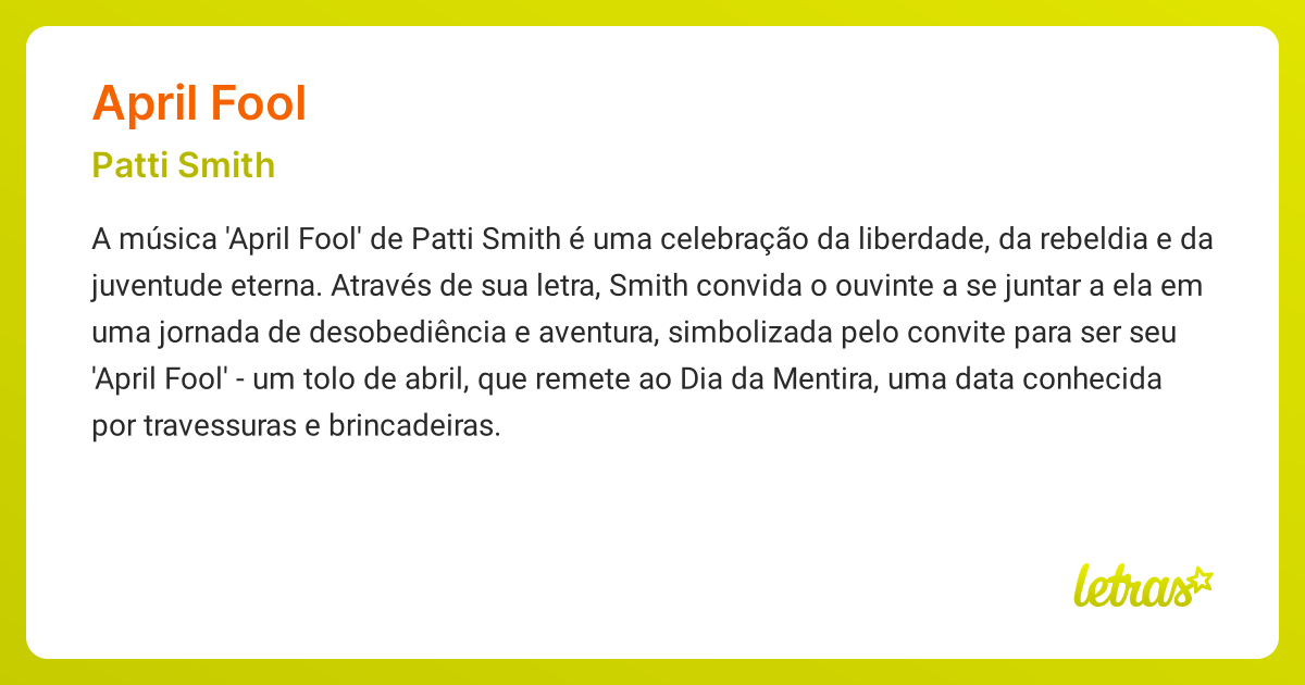 Significado da música APRIL FOOL (Patti Smith) - LETRAS.MUS.BR