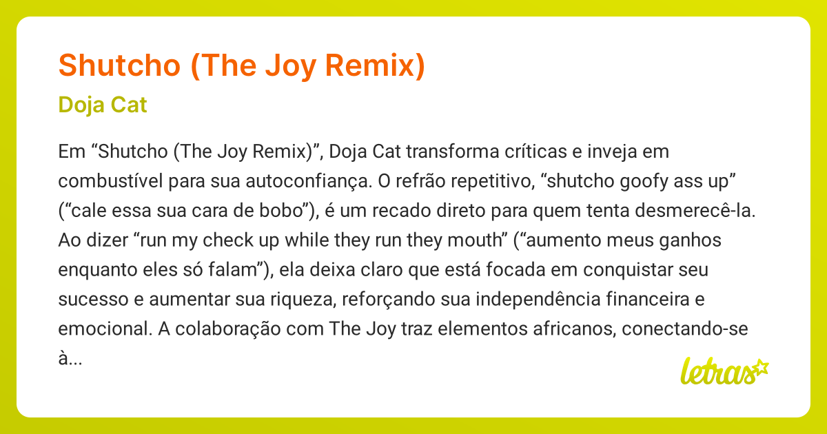 Significado da música SHUTCHO (THE JOY REMIX) (Doja Cat) - LETRAS.MUS.BR
