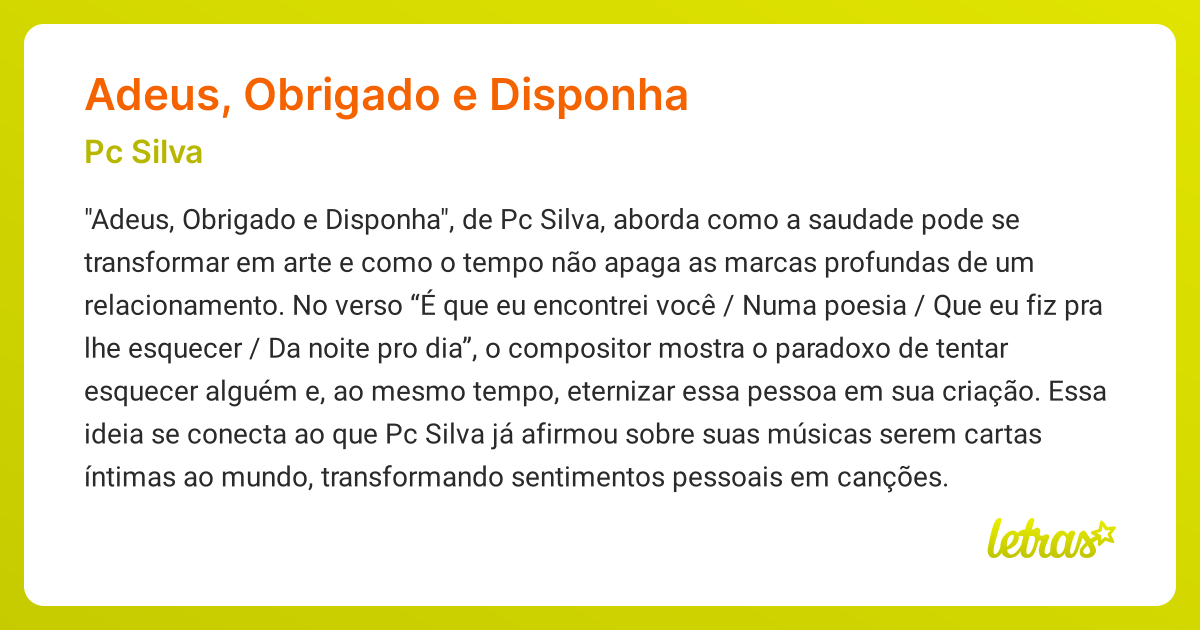 Significado da música ADEUS, OBRIGADO E DISPONHA (Pc Silva) - LETRAS.MUS.BR