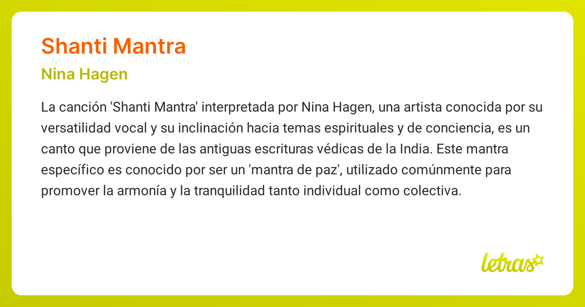 Significado de la canción SHANTI MANTRA (Nina Hagen) - LETRAS.COM