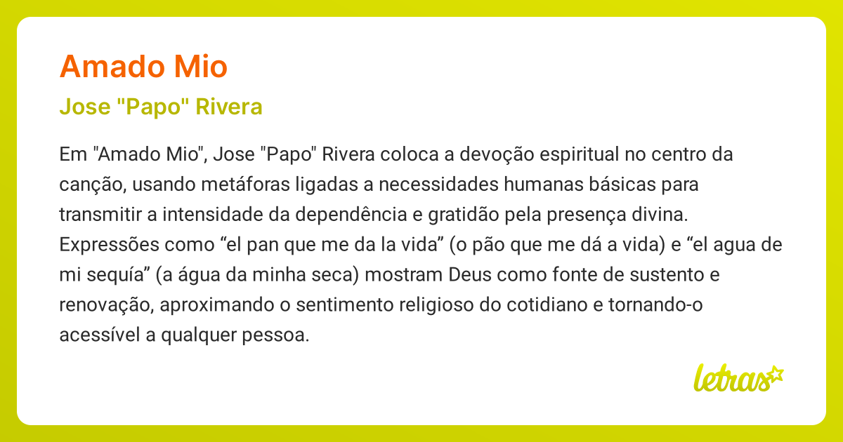 Significado da música AMADO MIO (Jose "Papo" Rivera) - LETRAS.MUS.BR