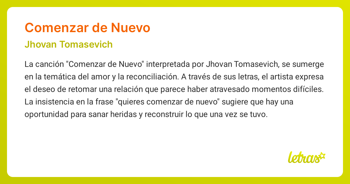 Significado de la canción COMENZAR DE NUEVO (Jhovan Tomasevich ...