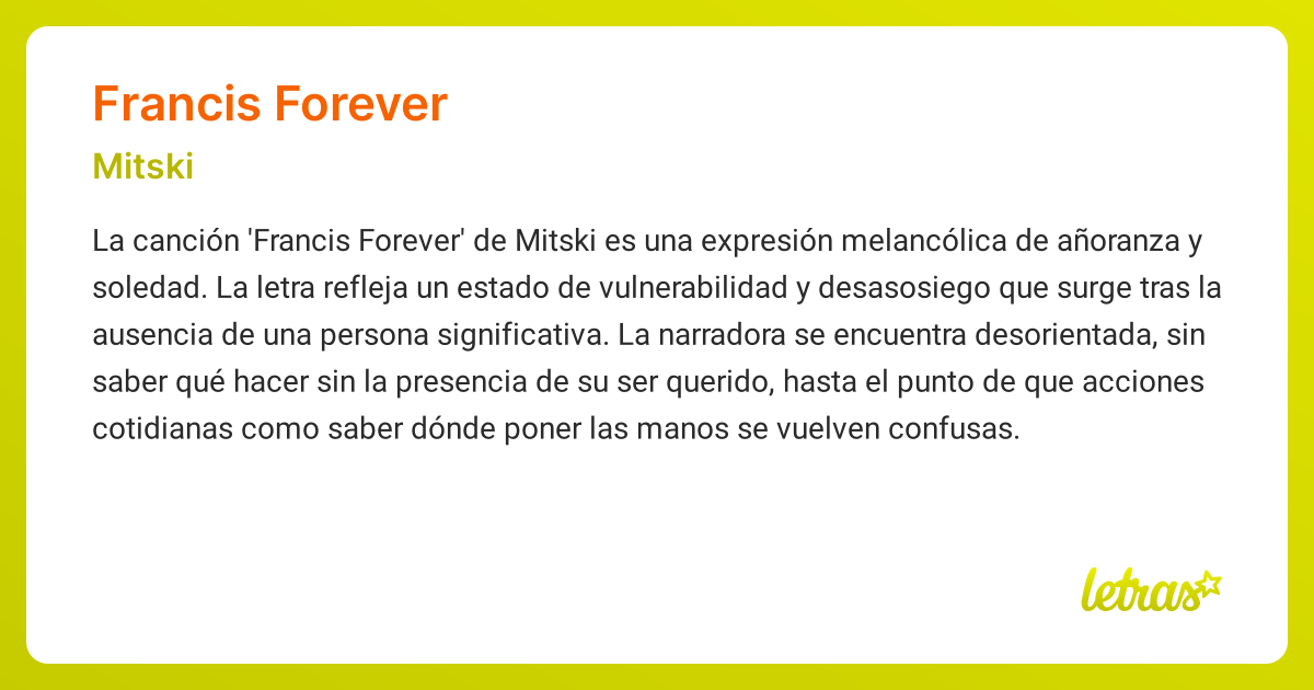 Significado de la canción FRANCIS FOREVER (Mitski) - LETRAS.COM