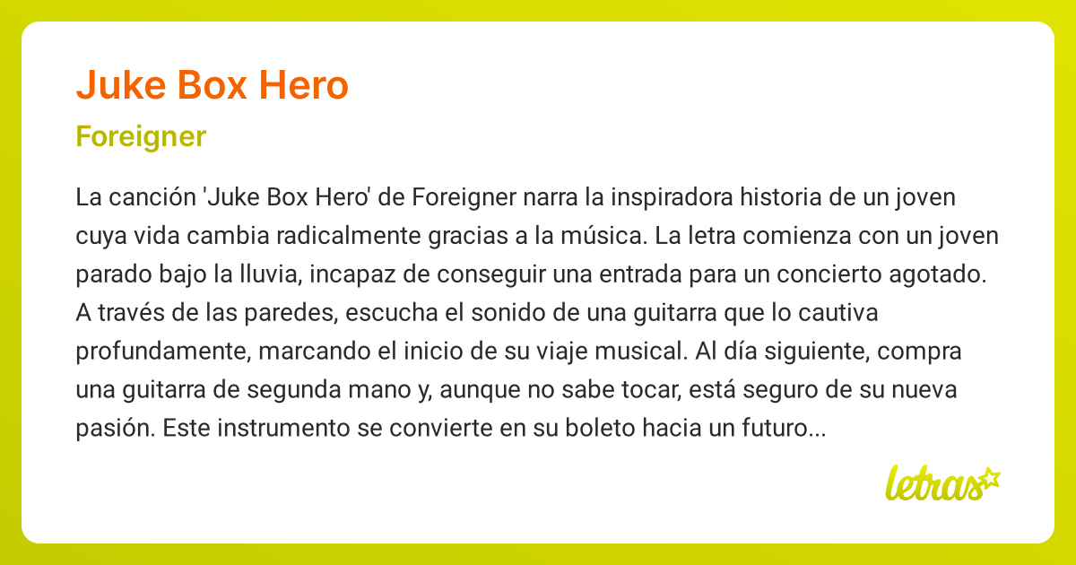 Significado de la canción JUKE BOX HERO (Foreigner) - LETRAS.COM