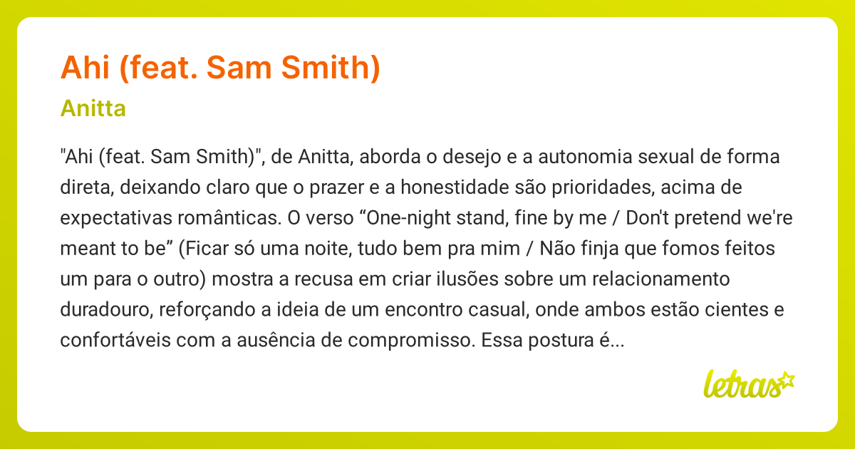 Significado da música AHI (FEAT. SAM SMITH) (Anitta) - LETRAS.MUS.BR