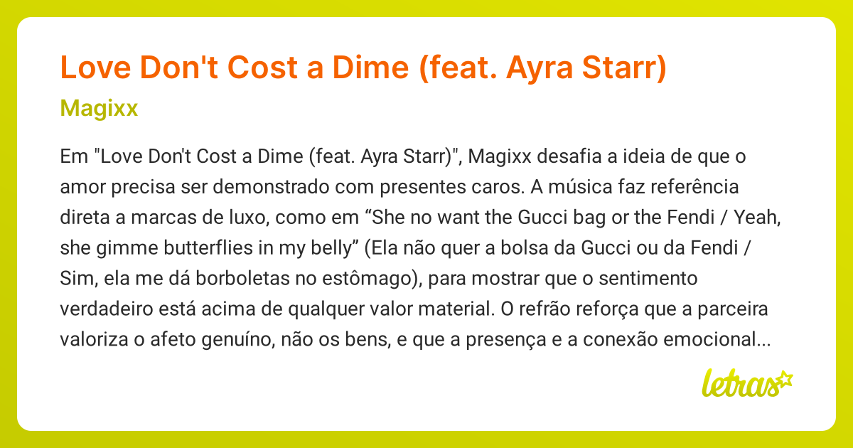 Significado da música Love Don't Cost a Dime (feat. Ayra Starr) (Magixx) - LETRAS.MUS.BR