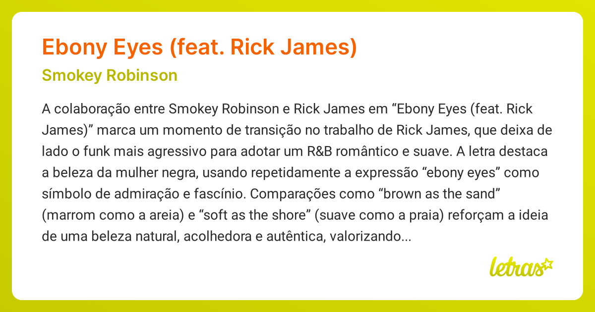 Significado da música EBONY EYES (FEAT. RICK JAMES) (Smokey Robinson ...