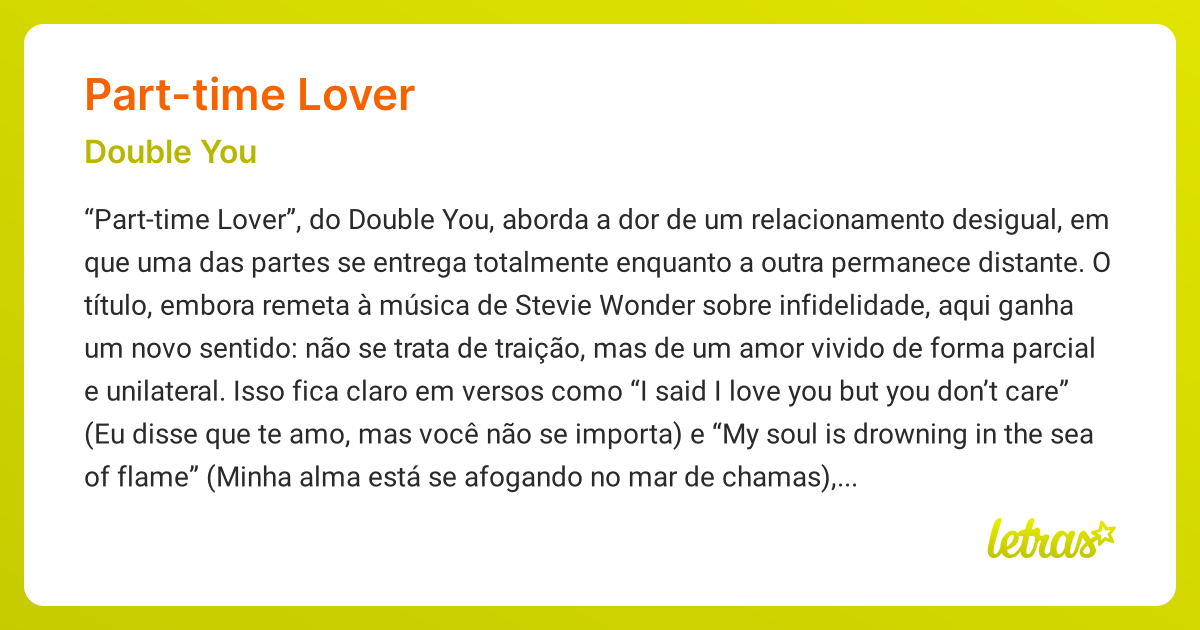 Significado da música PART-TIME LOVER (Double You) - LETRAS.MUS.BR