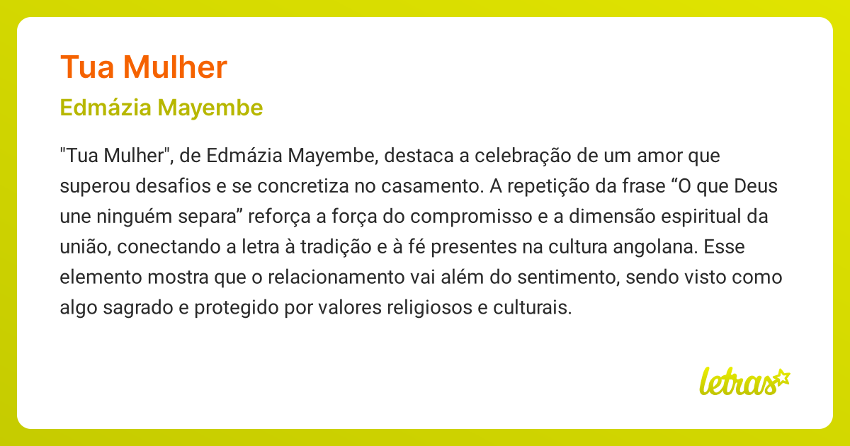 Significado da música TUA MULHER (Edmázia Mayembe) - LETRAS.MUS.BR