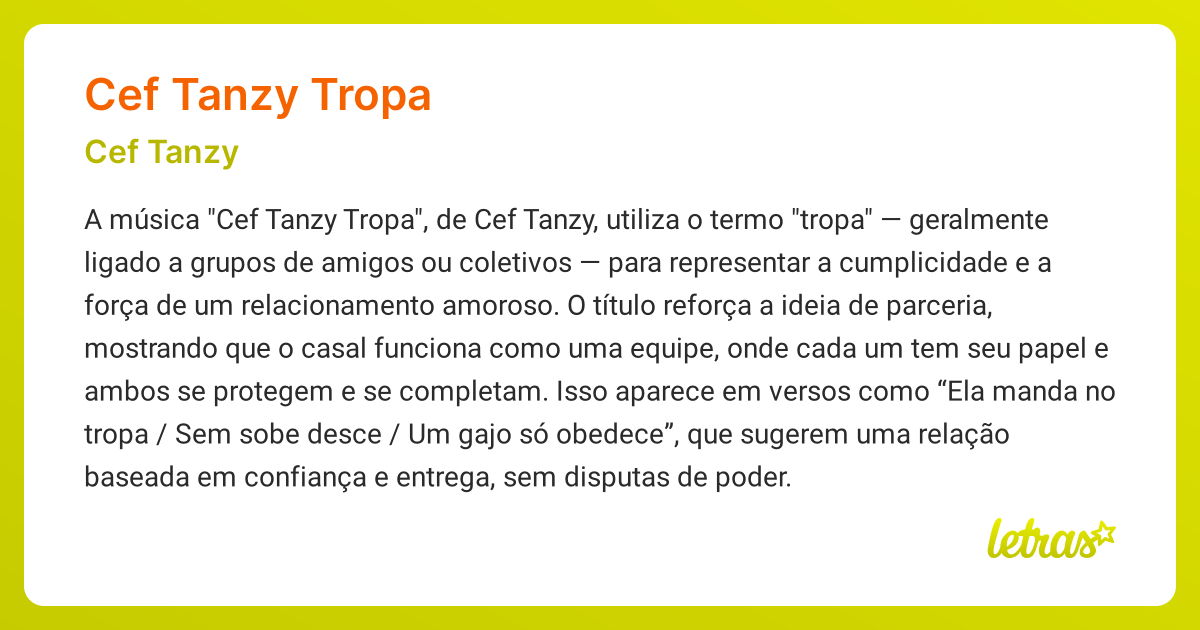 Significado da música CEF TANZY TROPA (Cef Tanzy) - LETRAS.MUS.BR