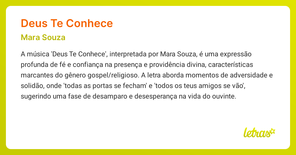 Significado da música DEUS TE CONHECE (Mara Souza) - LETRAS.MUS.BR
