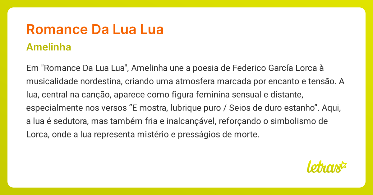 Significado da música ROMANCE DA LUA LUA (Amelinha) - LETRAS.MUS.BR