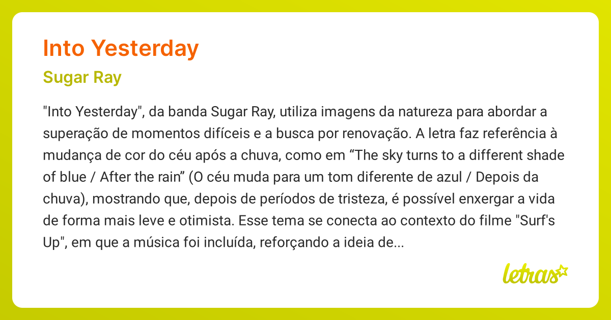 Significado da música INTO YESTERDAY (Sugar Ray) - LETRAS.MUS.BR