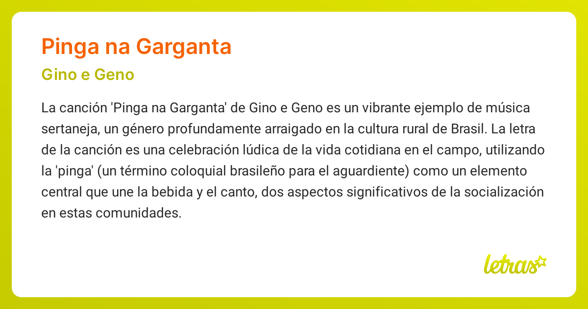 Significado de la canción PINGA NA GARGANTA (Gino e Geno) - LETRAS.COM