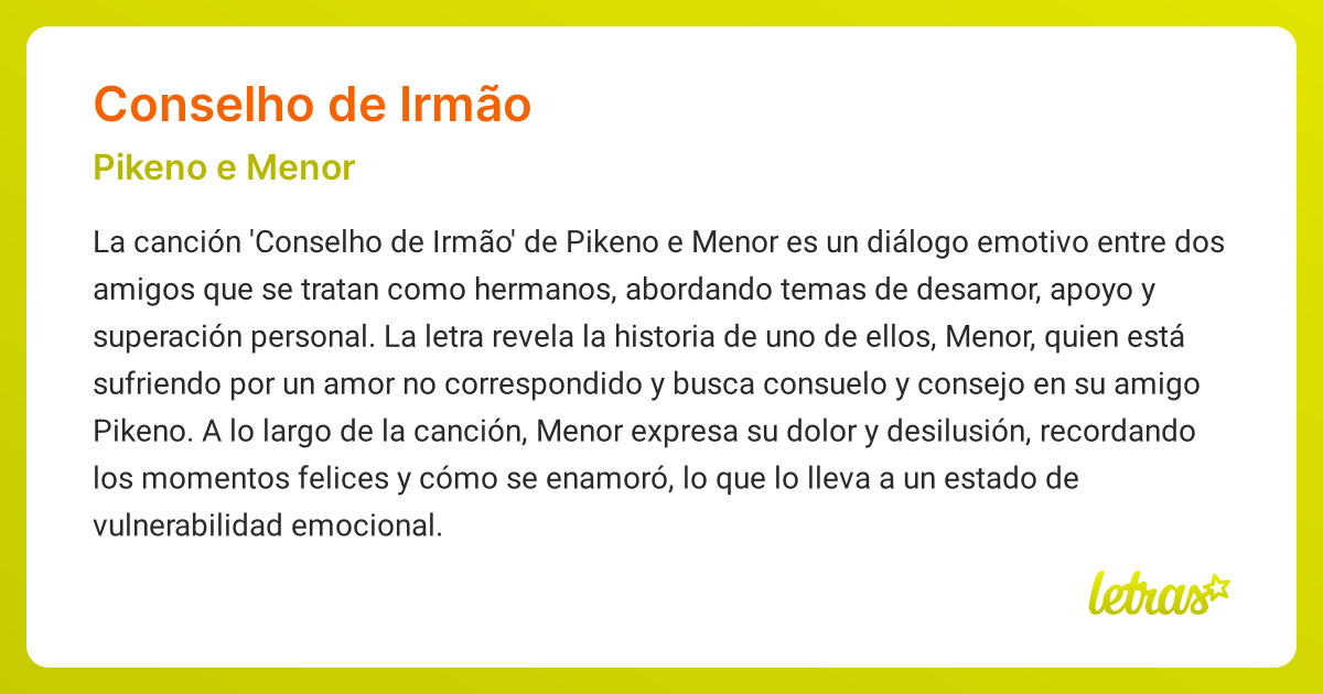 Significado de la canción CONSELHO DE IRMÃO (Pikeno e Menor) - LETRAS.COM