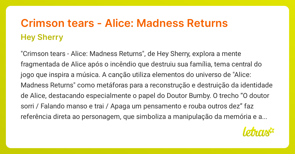 Significado da música Crimson tears - Alice: Madness Returns (Hey ...
