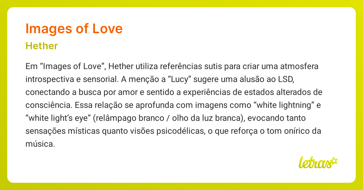 Significado da música IMAGES OF LOVE (Hether) - LETRAS.MUS.BR