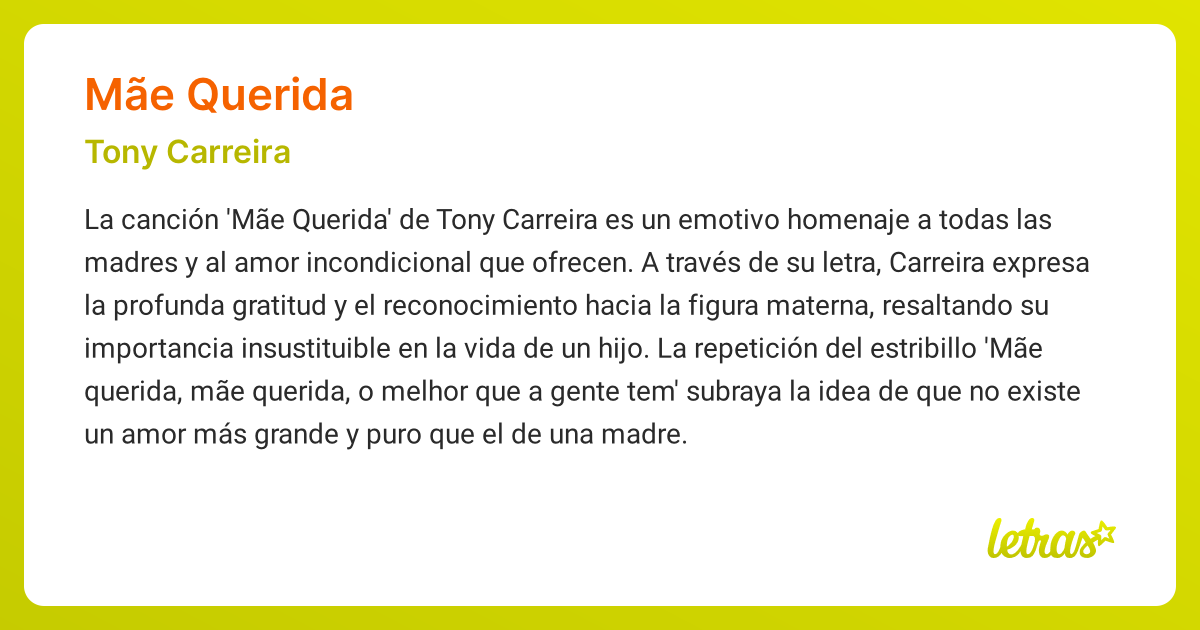 Significado de la canción MÃE QUERIDA (Tony Carreira) - LETRAS.COM