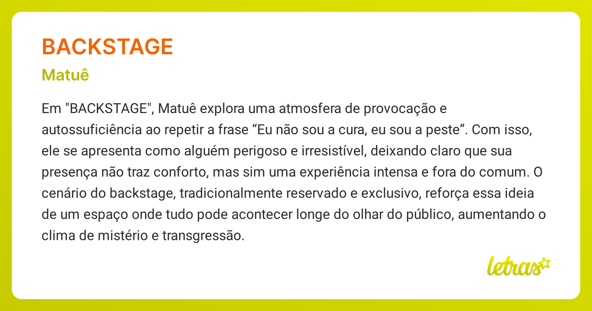 Significado da música BACKSTAGE (Matuê) - LETRAS.MUS.BR