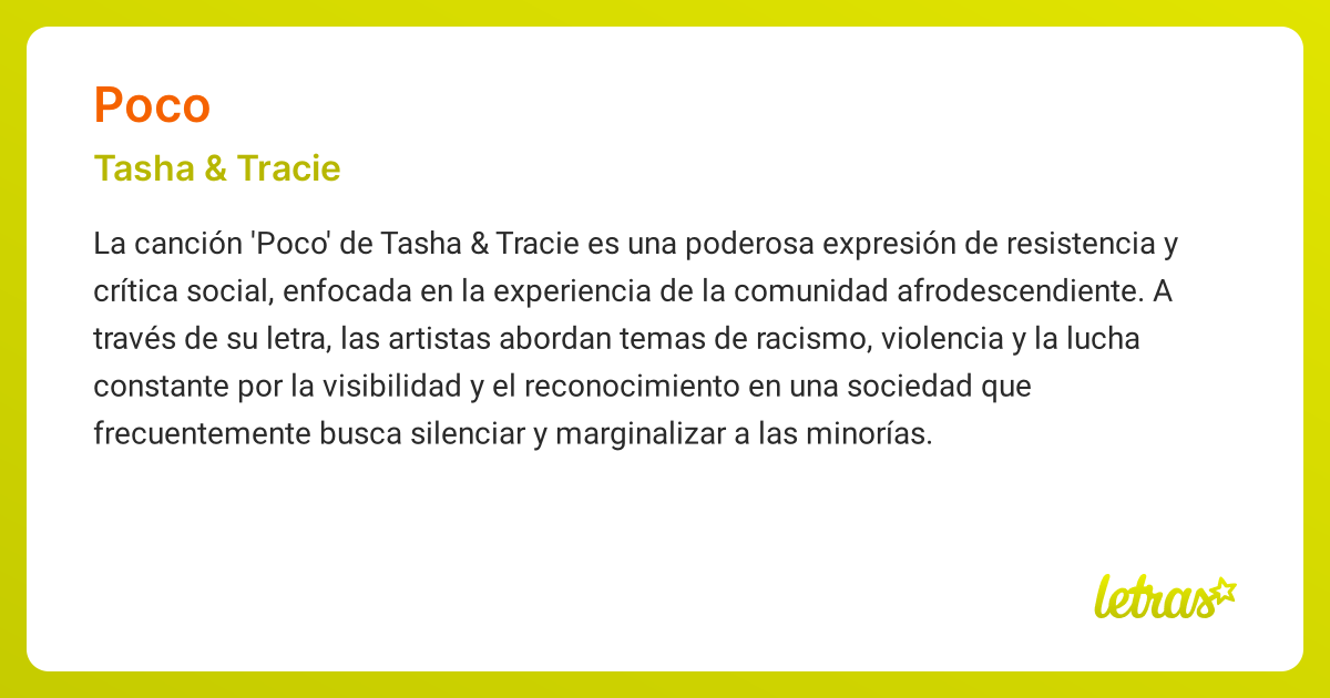 Significado de la canción POCO (Tasha & Tracie) - LETRAS.COM