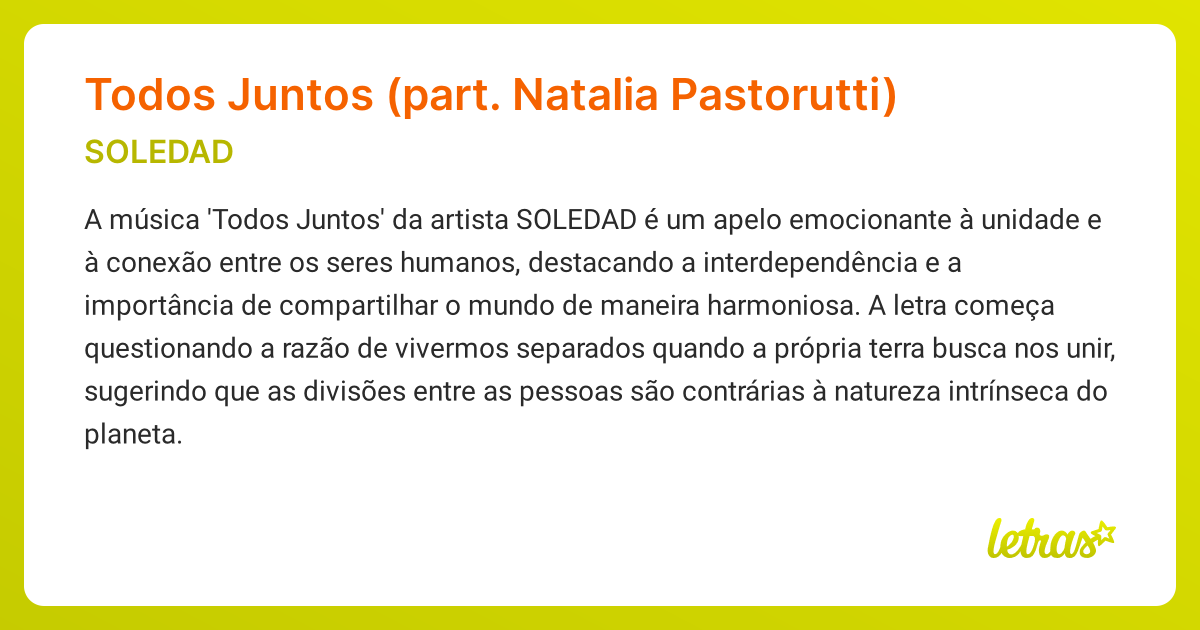 Significado da música Todos Juntos (part. Natalia Pastorutti) (SOLEDAD ...