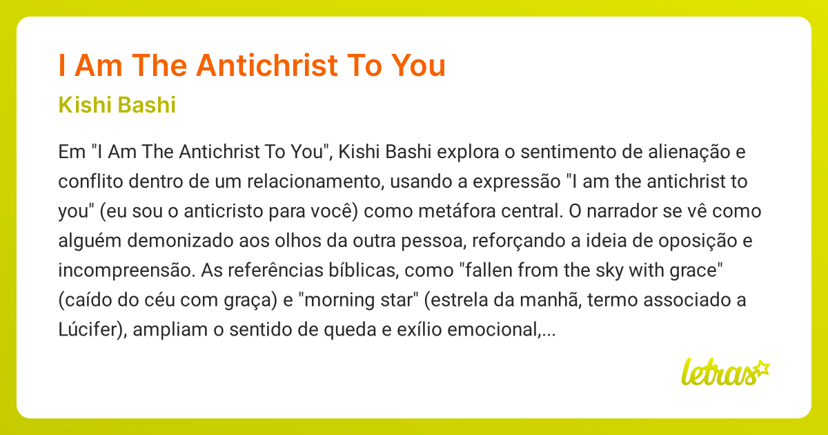 Significado da música I AM THE ANTICHRIST TO YOU (Kishi Bashi) - LETRAS.MUS.BR