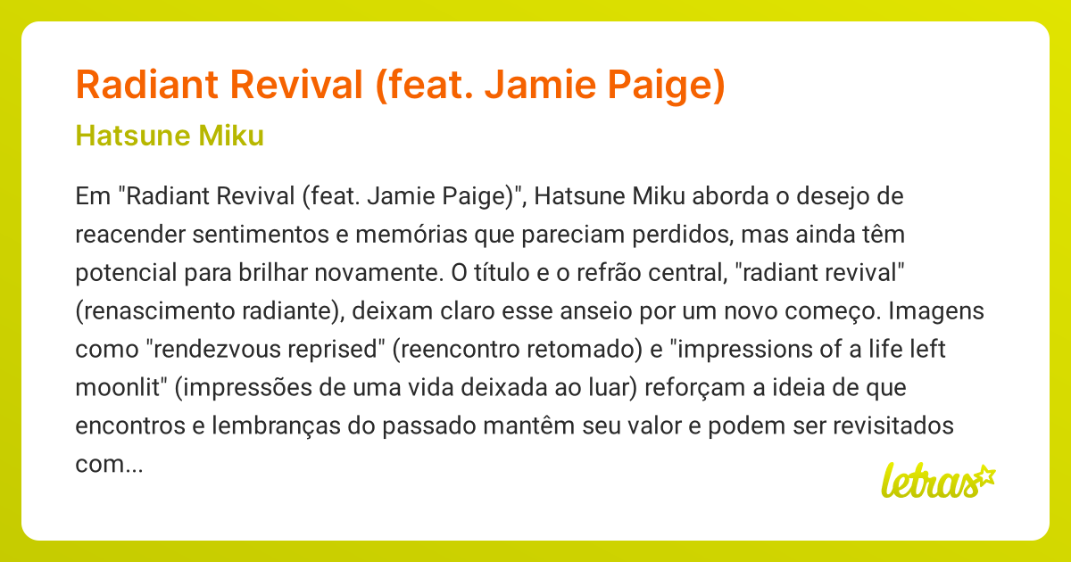 Significado da música Radiant Revival (feat. Jamie Paige) (Hatsune Miku ...