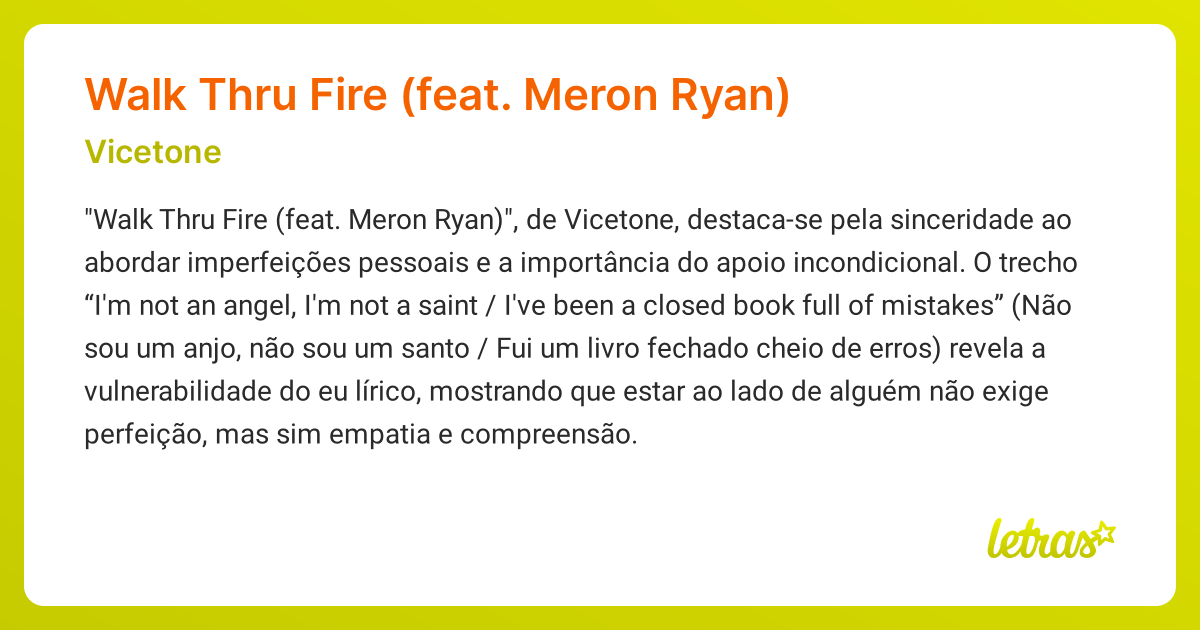 Significado da música Walk Thru Fire (feat. Meron Ryan) (Vicetone ...