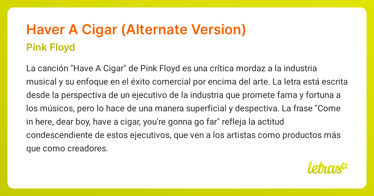 Significado de la canción Haver A Cigar (Alternate Version) (Pink Floyd ...