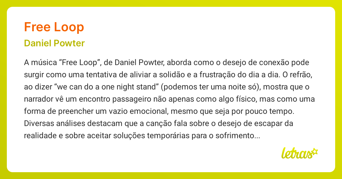 Significado da música FREE LOOP (Daniel Powter) - LETRAS.MUS.BR