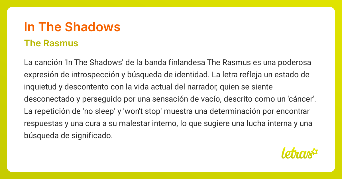 Significado de la canción IN THE SHADOWS (The Rasmus) - LETRAS.COM