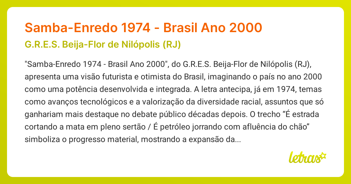 Significado da música Samba-Enredo 1974 - Brasil Ano 2000 (G.R.E.S ...