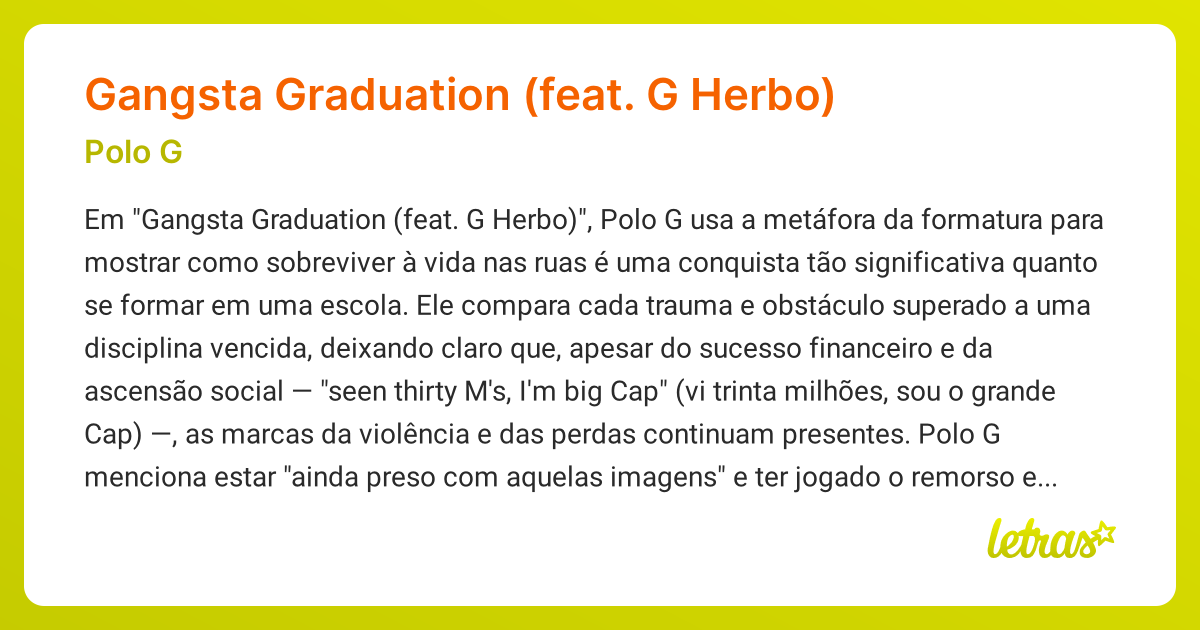 Significado da música Gangsta Graduation (feat. G Herbo) (Polo G ...