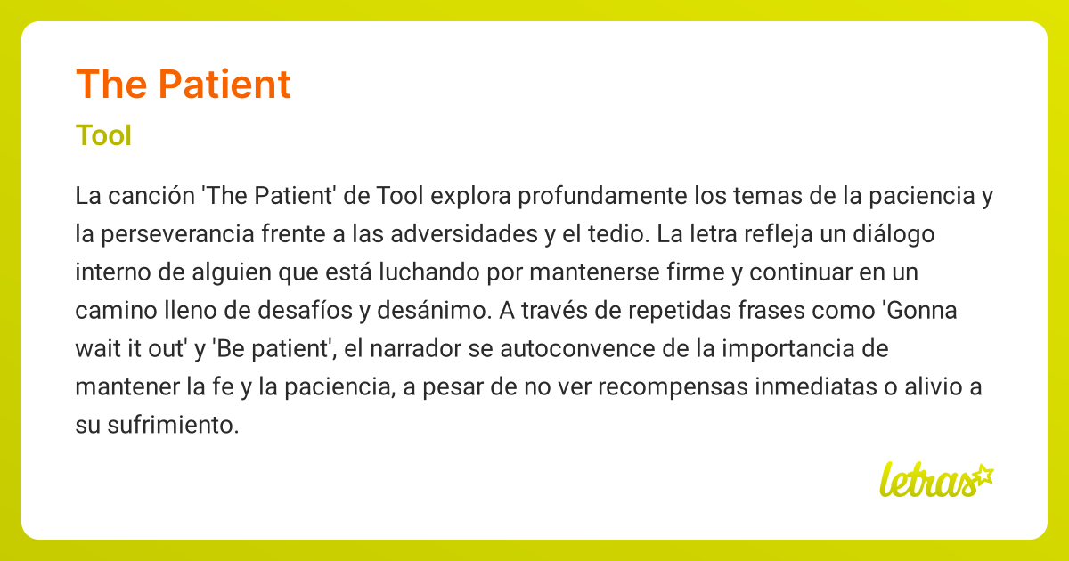 Significado de la canción THE PATIENT (Tool) - LETRAS.COM