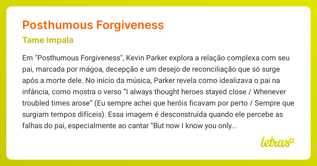 Significado da música POSTHUMOUS FORGIVENESS (Tame Impala) - LETRAS.MUS.BR