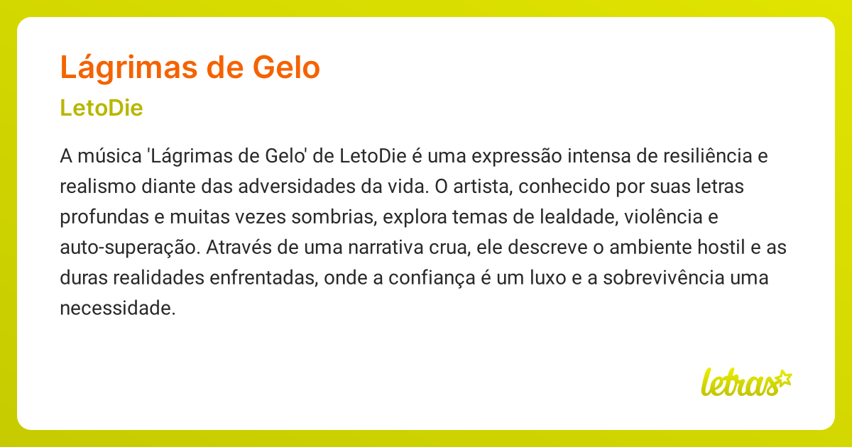 Significado da música LÁGRIMAS DE GELO (LetoDie) - LETRAS.MUS.BR