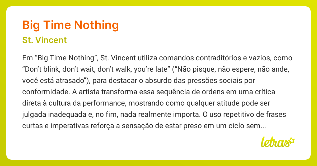 Significado da música BIG TIME NOTHING (St. Vincent) - LETRAS.MUS.BR