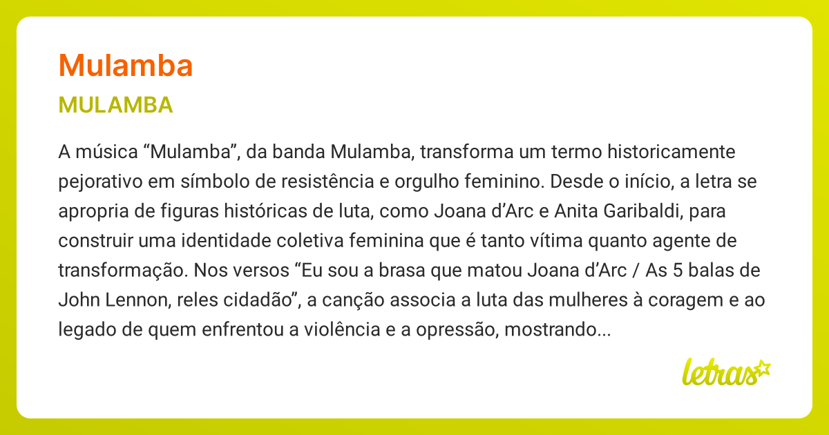 Significado da música MULAMBA (MULAMBA) - LETRAS.MUS.BR