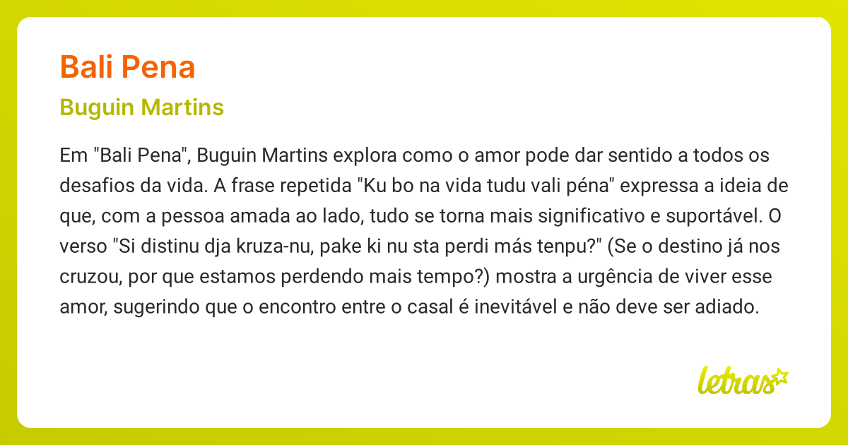 Significado da música BALI PENA (Buguin Martins) - LETRAS.MUS.BR