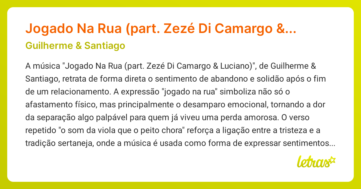 Significado da música Jogado Na Rua (part. Zezé Di Camargo & Luciano ...