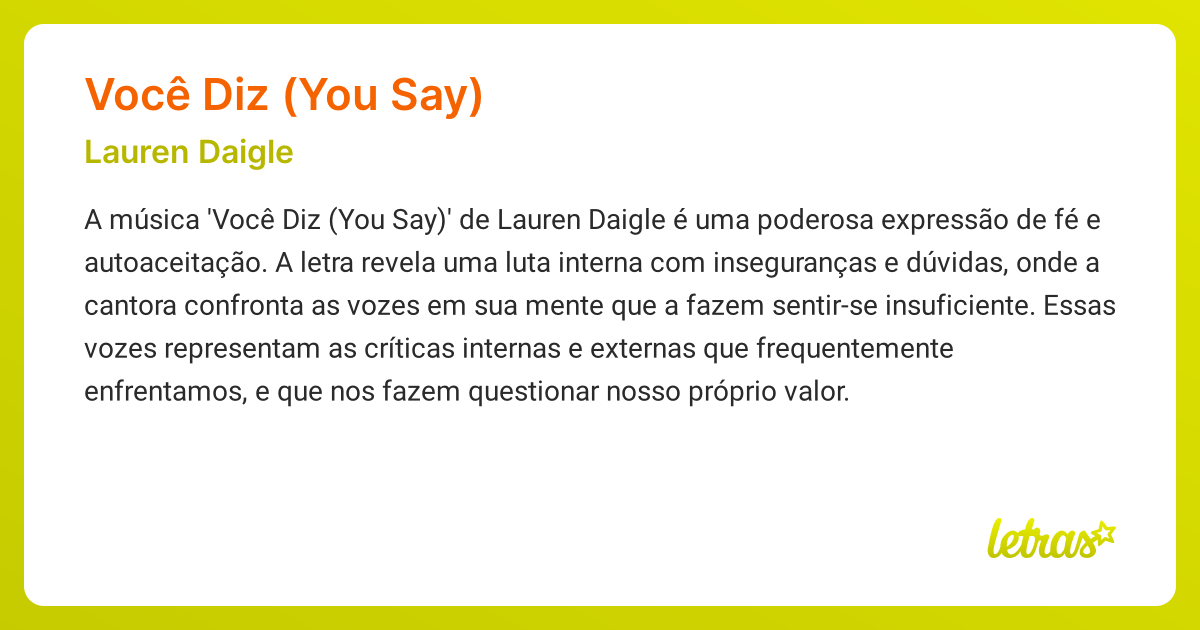 Significado da música VOCÊ DIZ (YOU SAY) (Lauren Daigle) - LETRAS.MUS.BR