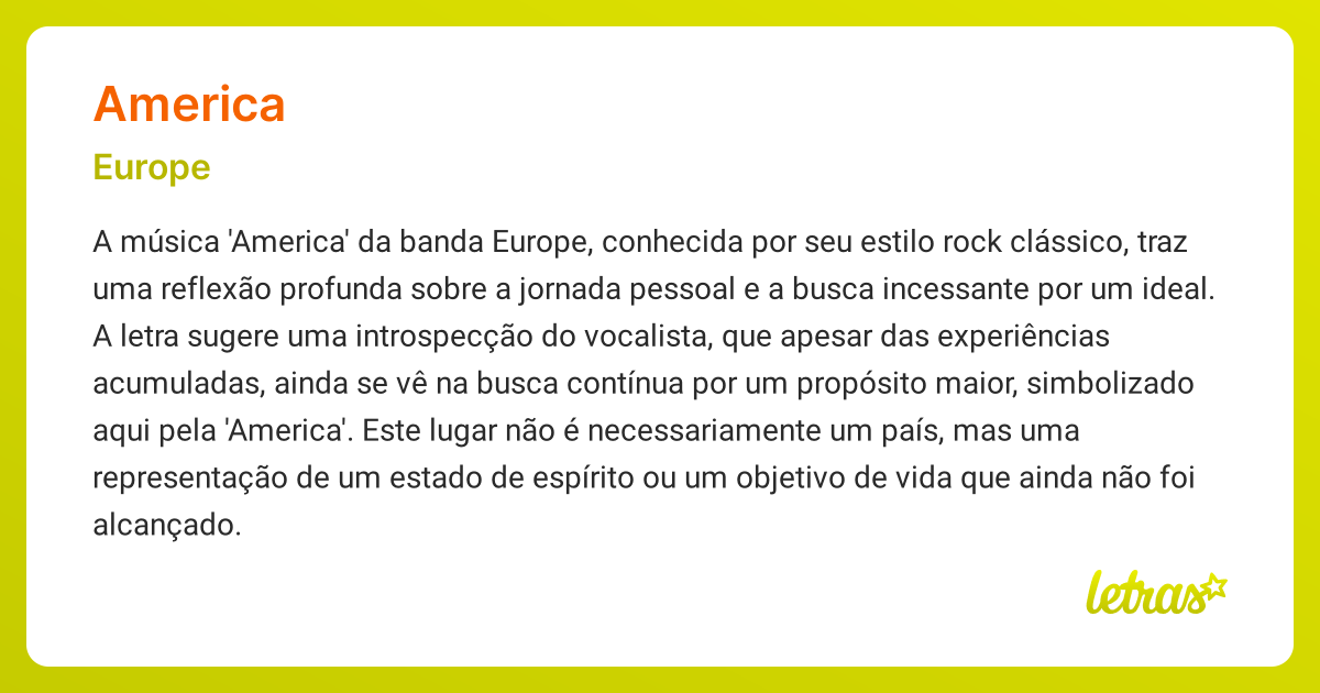 Significado da música AMERICA (Europe) - LETRAS.MUS.BR