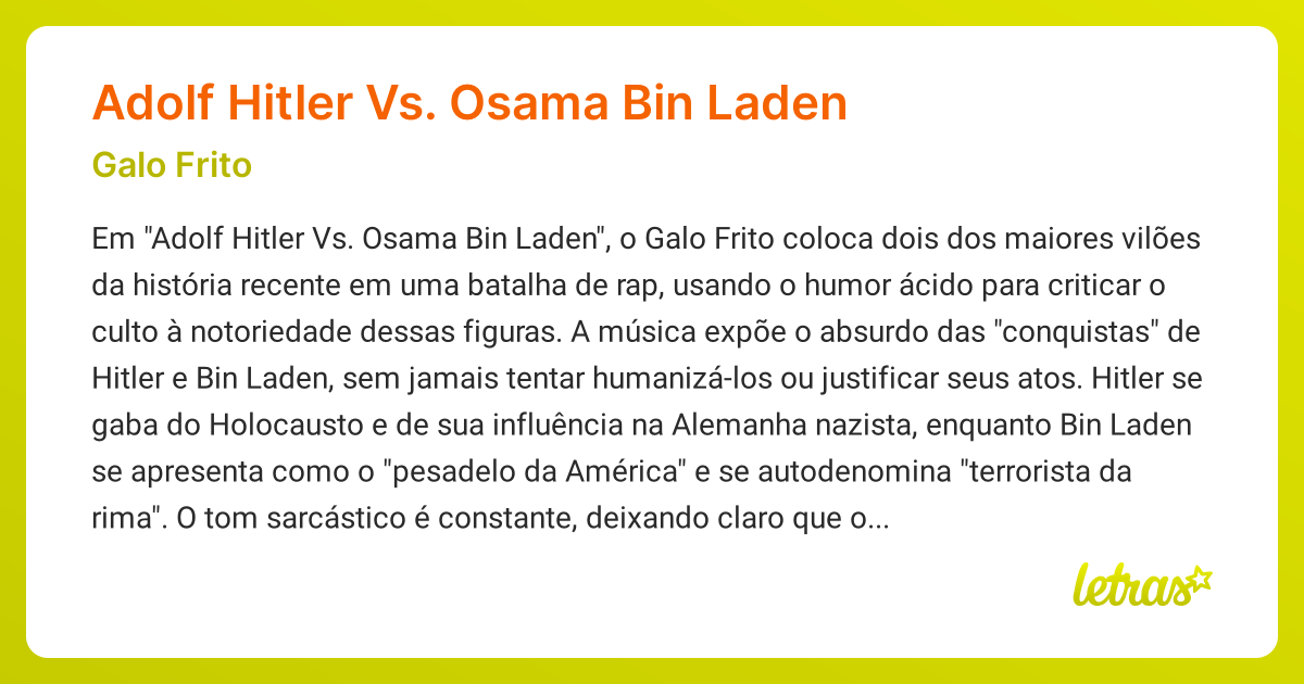 Significado da música Adolf Hitler Vs. Osama Bin Laden (Galo Frito ...