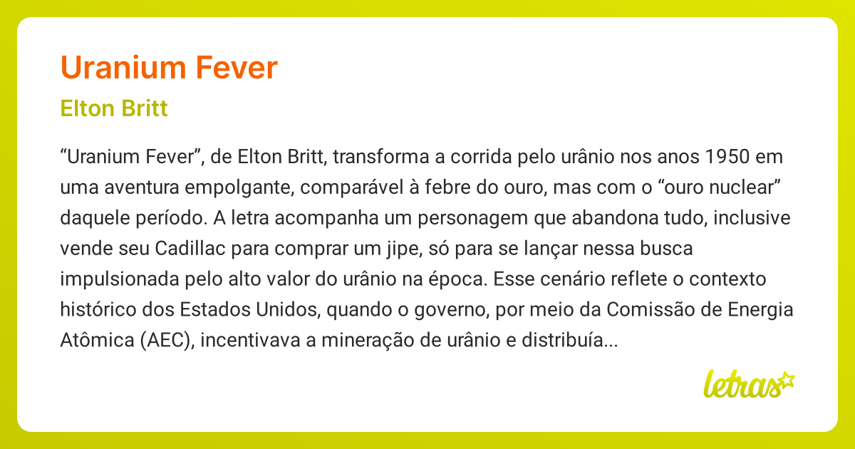 Significado da música URANIUM FEVER (Elton Britt) - LETRAS.MUS.BR