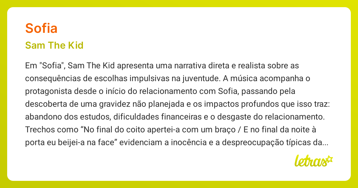 Significado da música SOFIA (Sam The Kid) - LETRAS.MUS.BR