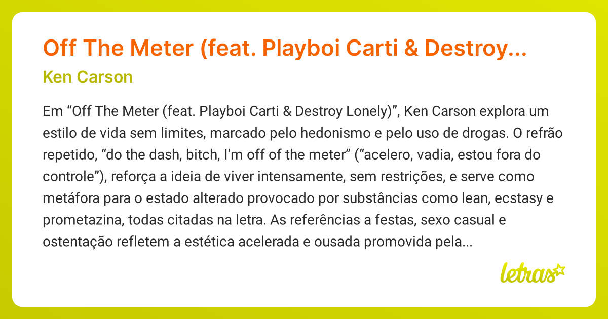 Significado da música Off The Meter (feat. Playboi Carti & Destroy ...